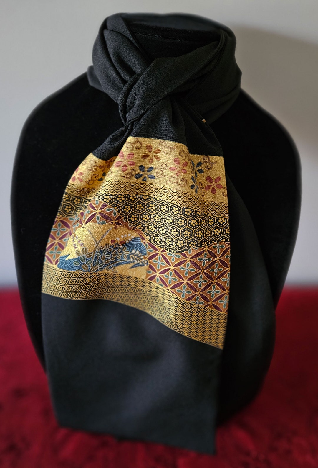 Kimono Scarf S2121 - Black Silk With Sand Dollar Border 2 - Etsy