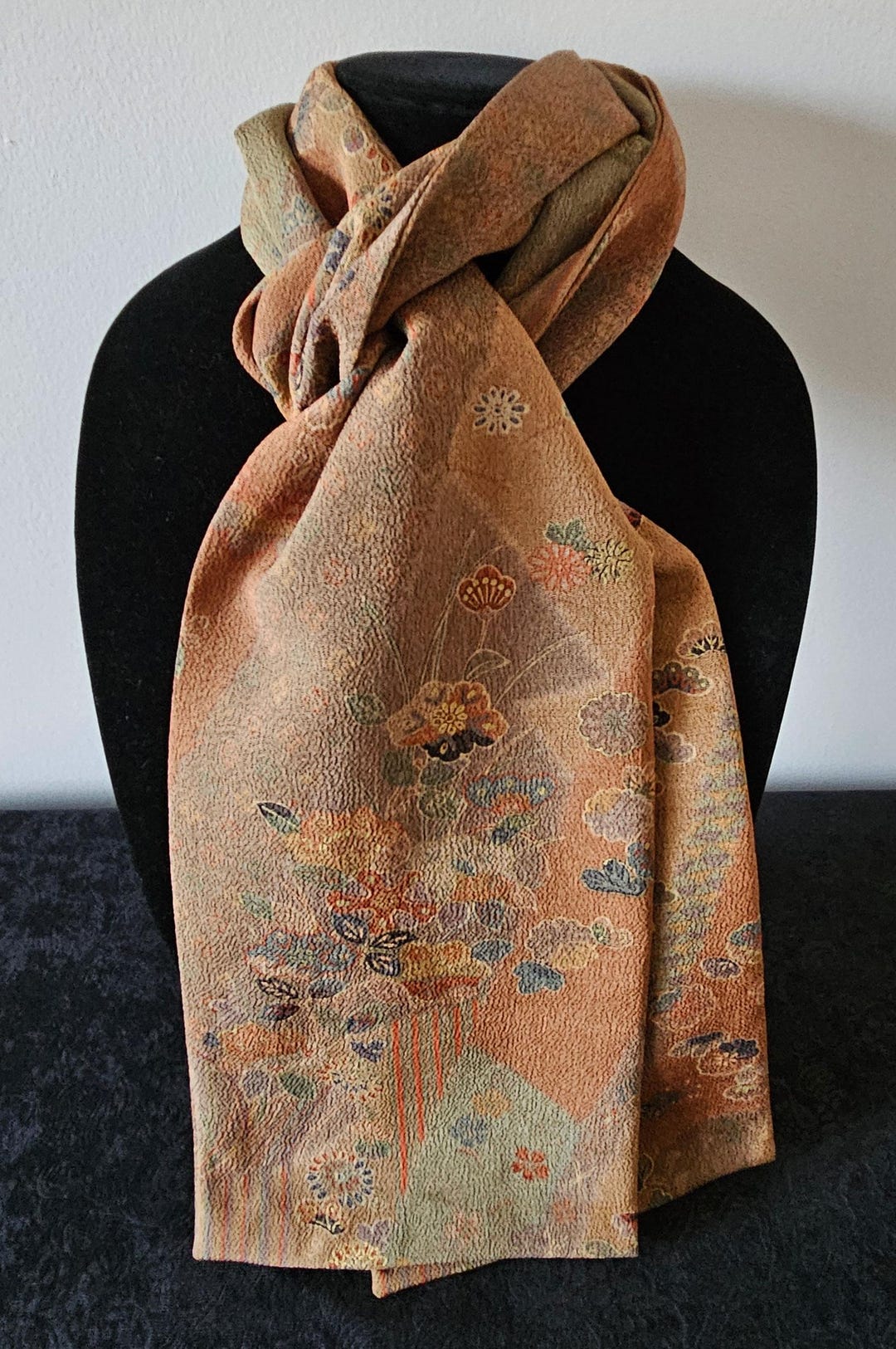 Japanese Kimono Scarf S4116 - Elegant Earth Tone Chirimen Silk - Etsy