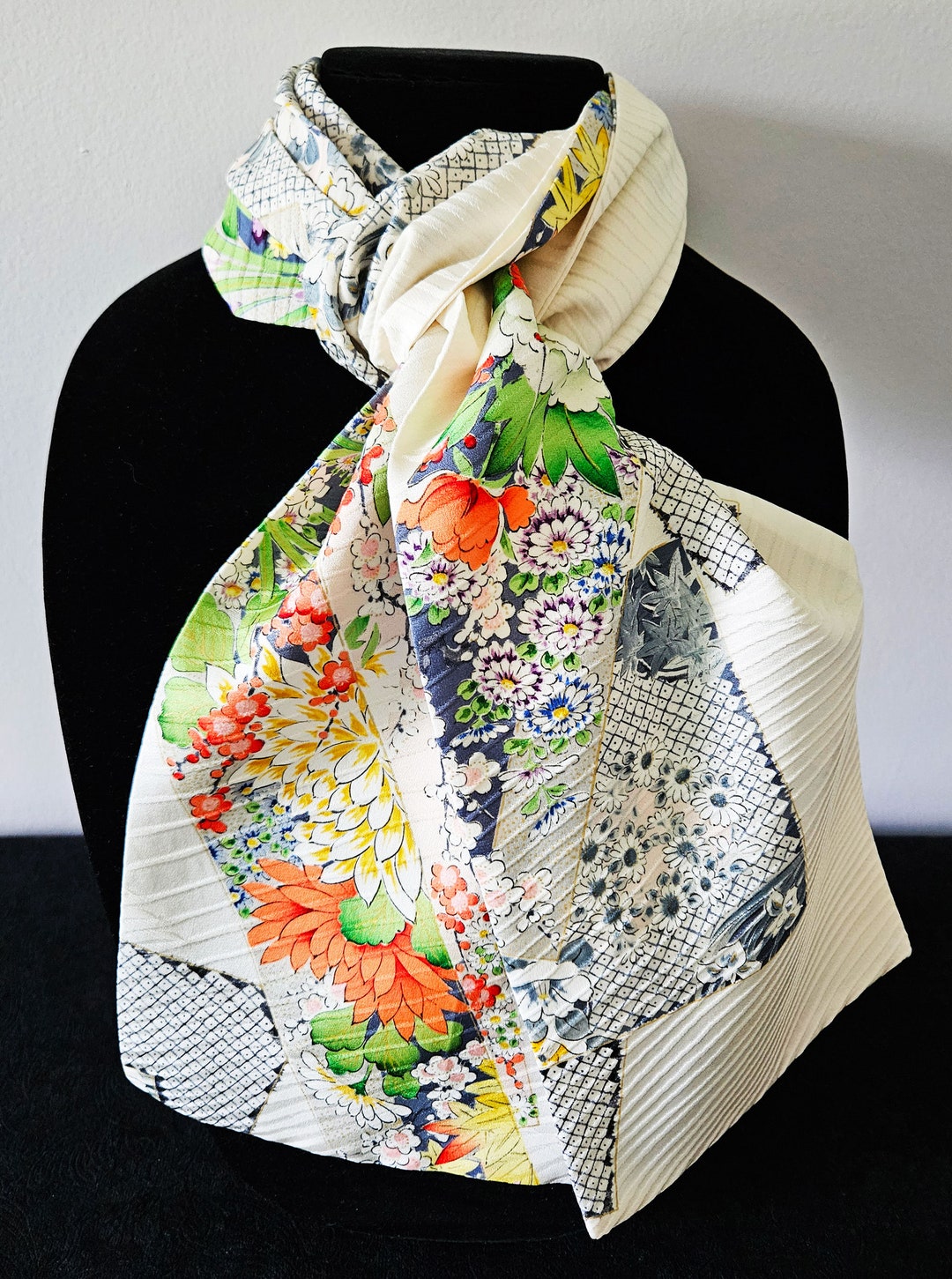 Japanese Kimono Scarf S2841 - Ivory With Fabric Strips Silk - Etsy
