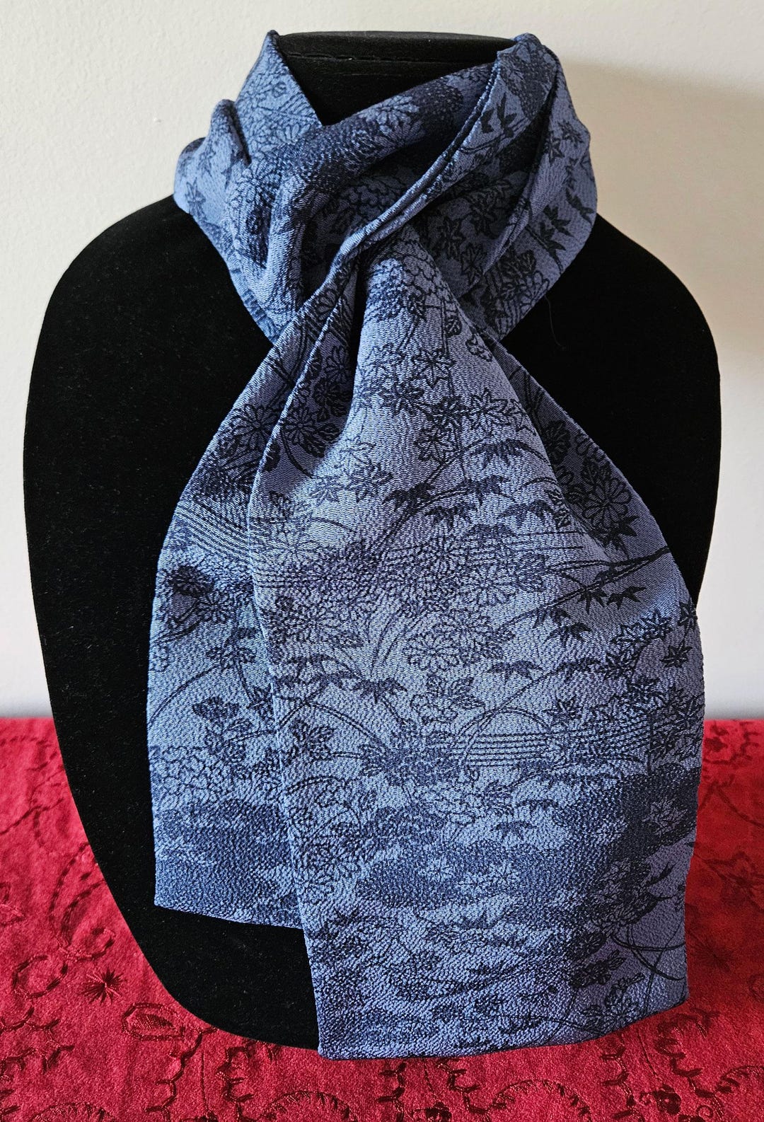 Japanese Kimono Scarf S3366 Indigo Stencil Chirimen Silk With Mixed ...