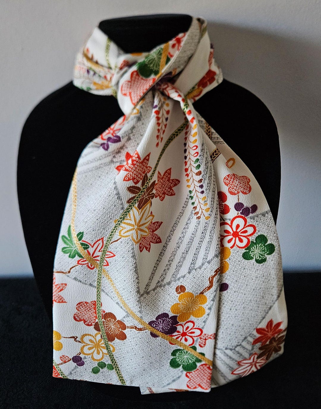 Japanese Kimono Scarf S3656 - Plum and Maple Leaf Chirimen Silk - Etsy