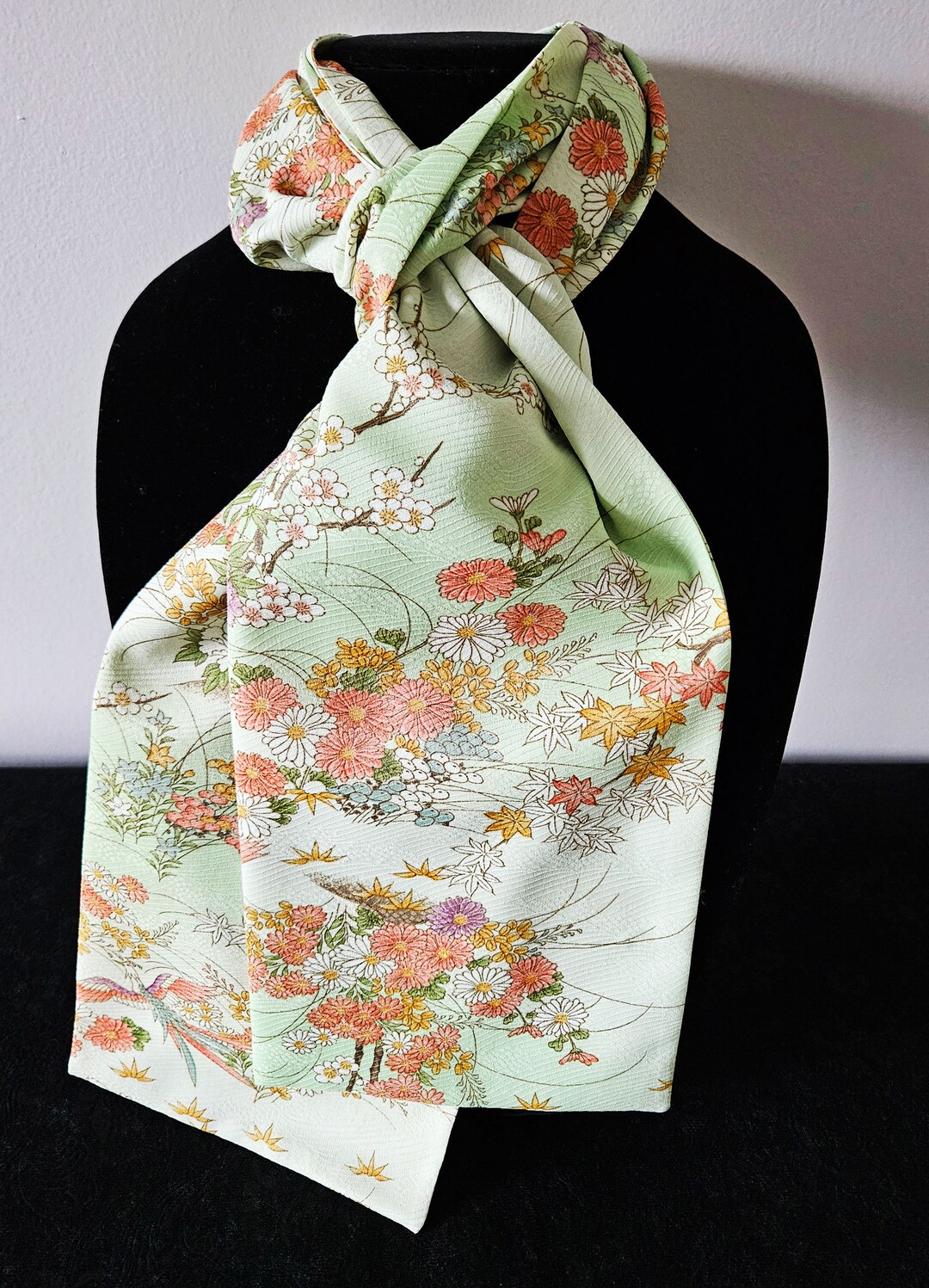 Japanese Kimono Scarf S2747 Mint Green Floral Poly With Phoenix - Etsy