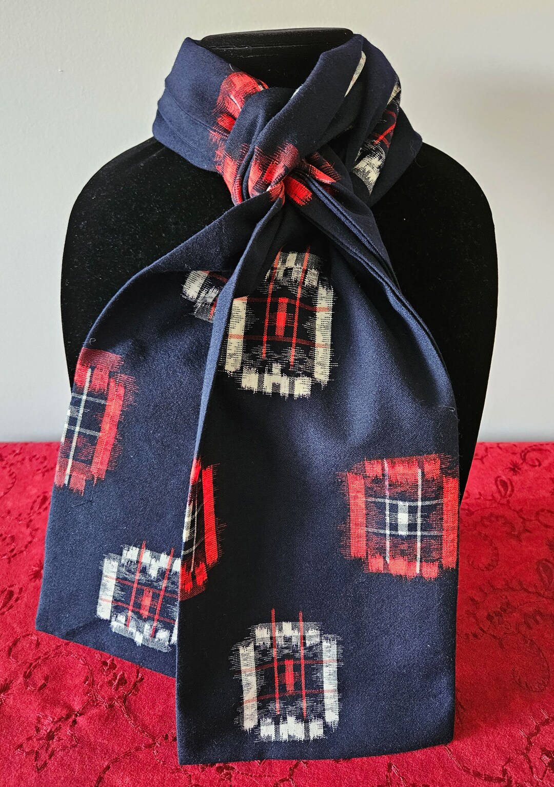 Japanese Kimono Scarf S2028 - Navy W Red & White Igeta Patterned Wool ...