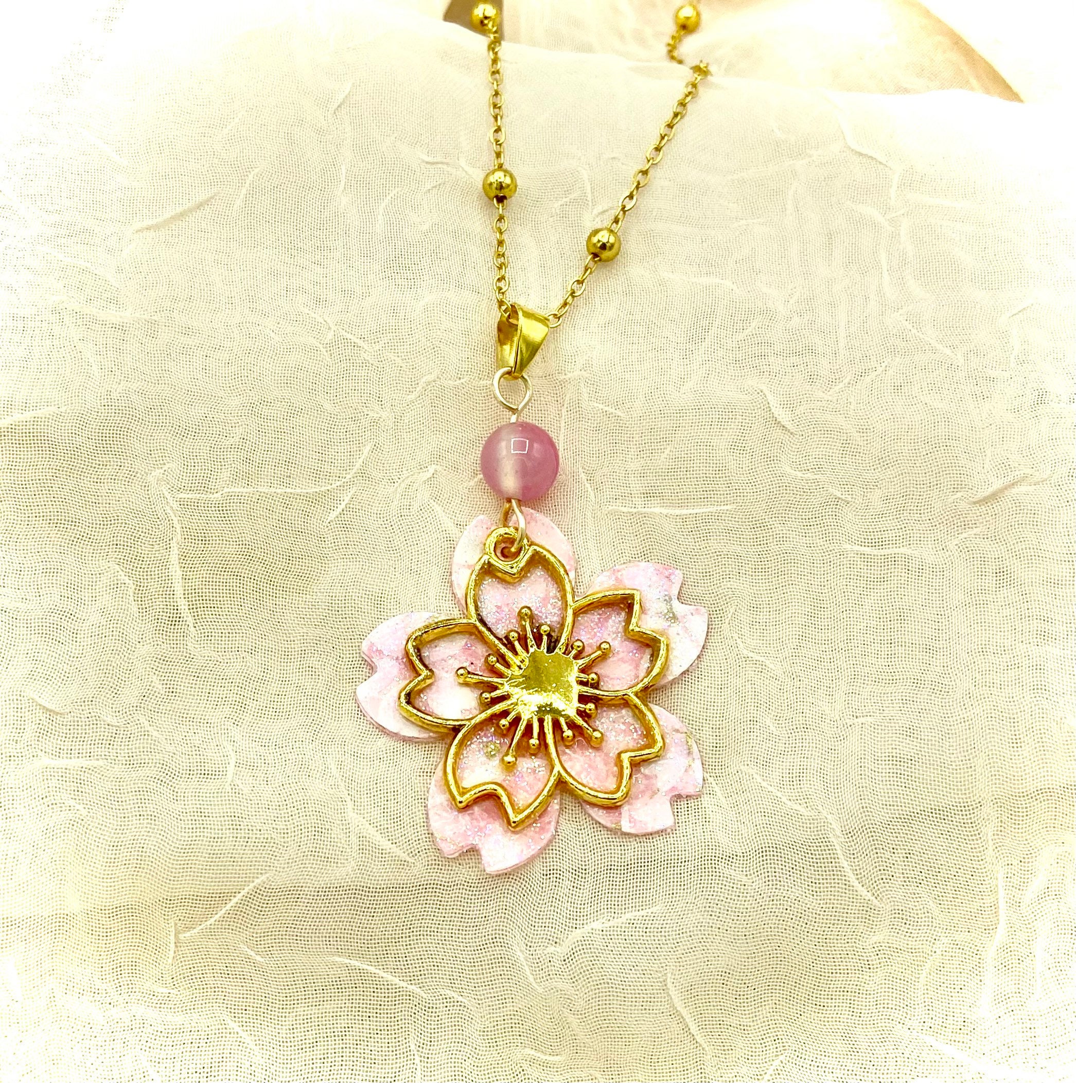 Pink Chiyogami and Gold Sakura Pendant Sakura Necklace Rose - Etsy