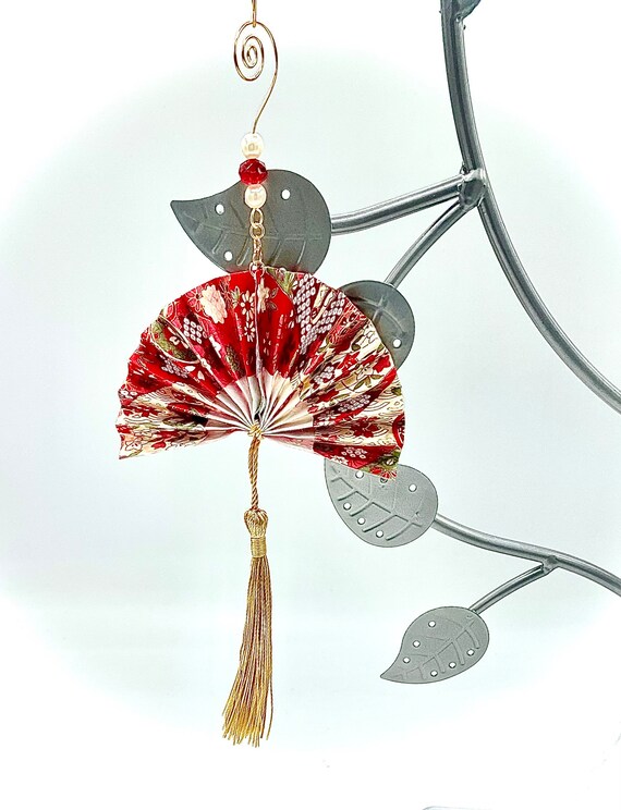 Red and White Origami Japanese Folding Fan Sensu Ornament - Etsy