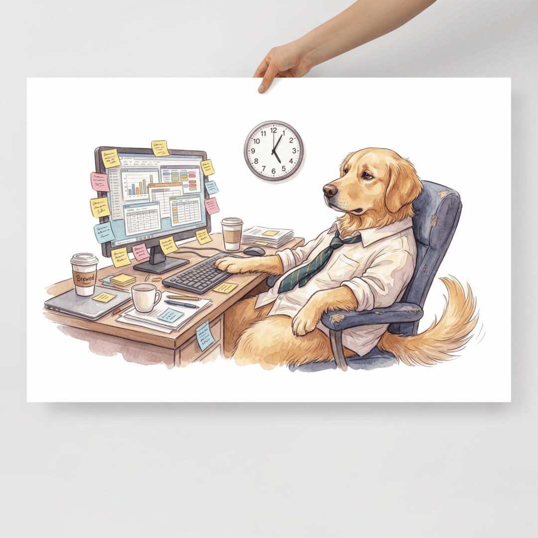 Golden Retriever Burnout Poster | Corporate Dog Wall Art | Watercolor ...