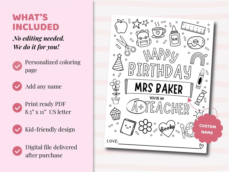 Teacher Birthday Coloring Card Printable, Personalized Happy Birthday ...