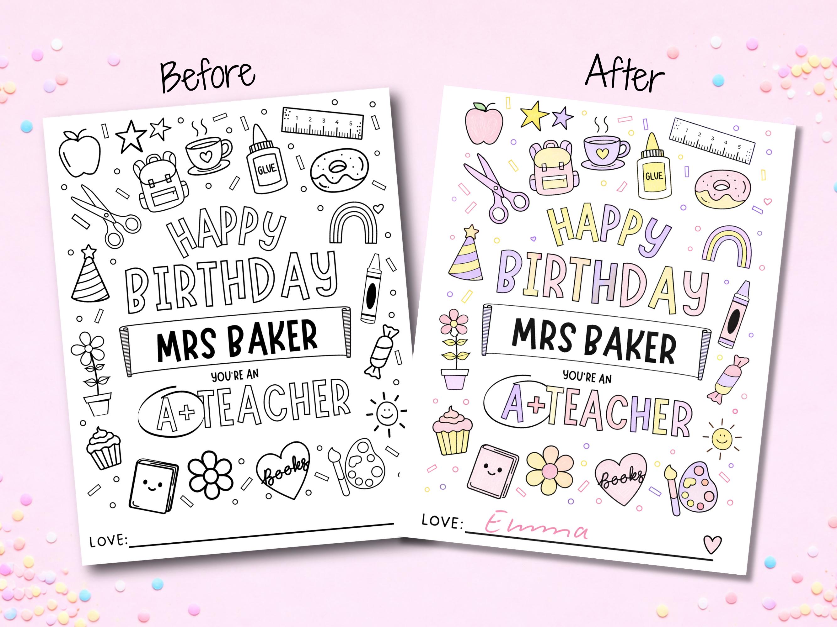 Teacher Birthday Coloring Card Printable, Personalized Happy Birthday ...