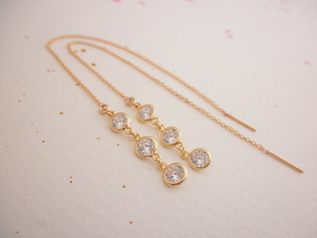 CZ Gold Ear Thread Earrings - 14K Gold-filled Ear Thread - Long Cz Ear ...