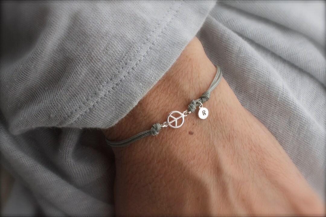 Peace Symbol Bracelet With Initial - Adjustable -personalized ...