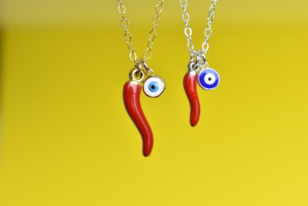 Red Horn Evil Eye Necklace: Sterling Silver Italian Horn Protection ...