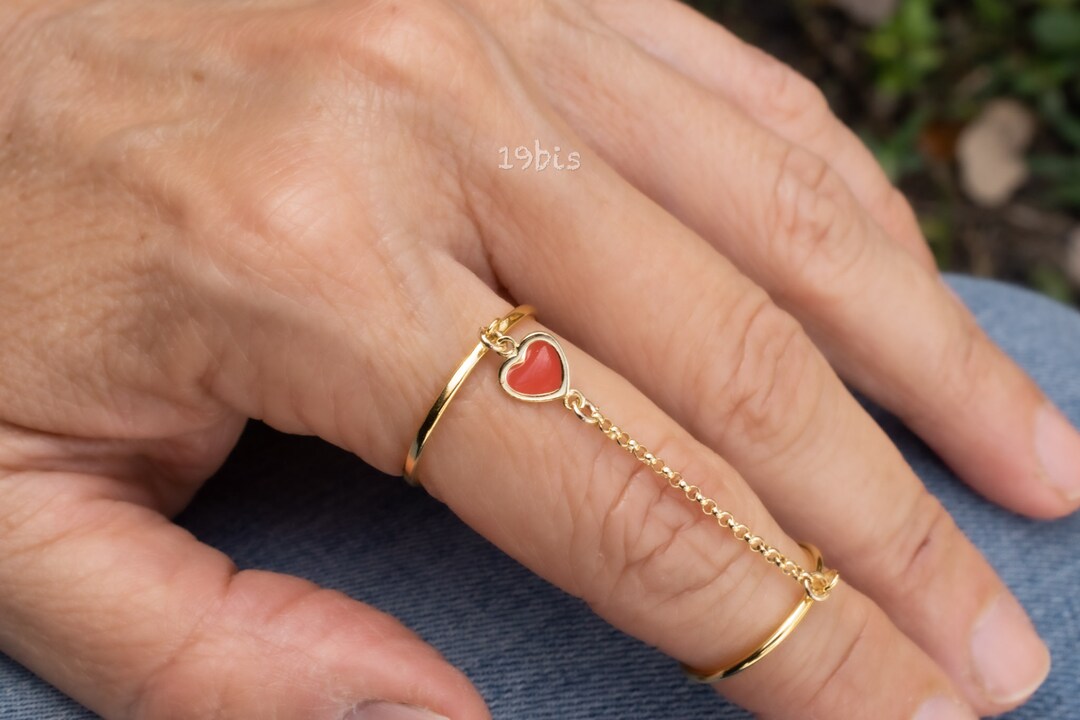 Double Red Heart Ring - Heart Jewelry - Rollo Chain Ring - Chain Double Ring - Slave Ring ...