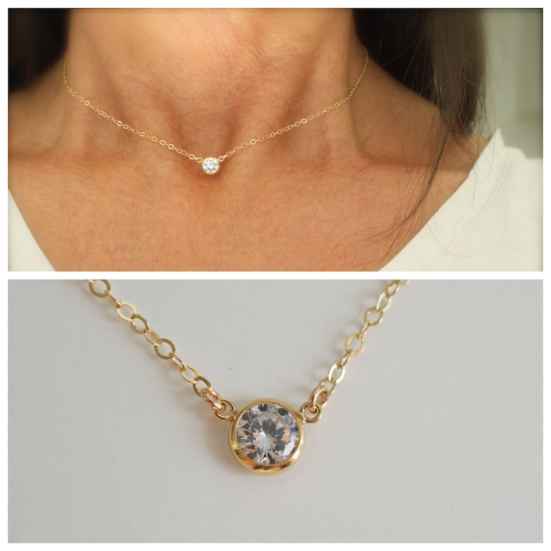 CZ Solitaire Necklace - 14K Gold-filled - 6mm Cz Gold Choker - Cz Charm ...