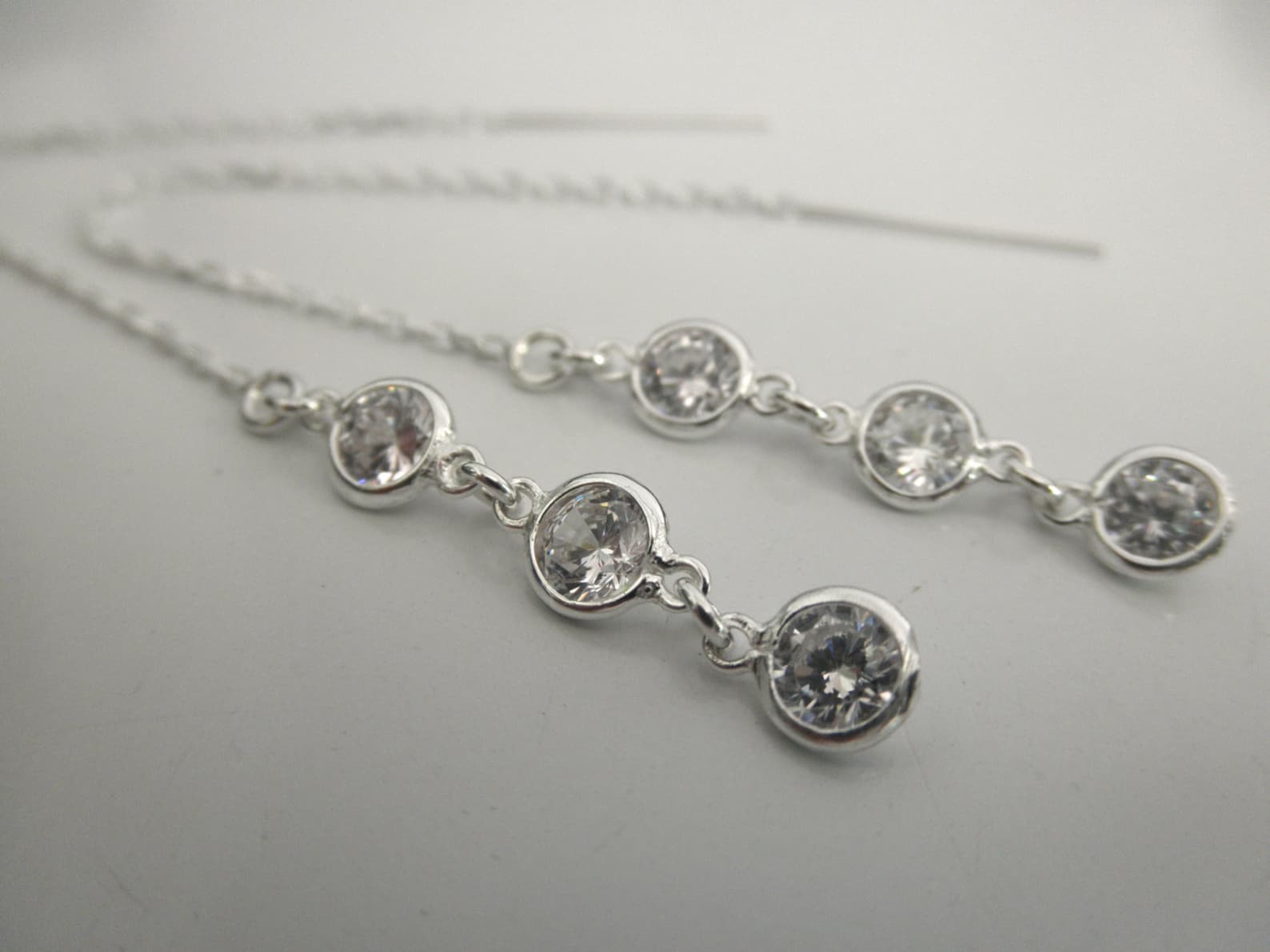 CZ Sterling Silver Ear Thread Earrings Sterling Chain Earrings Long Cz ...