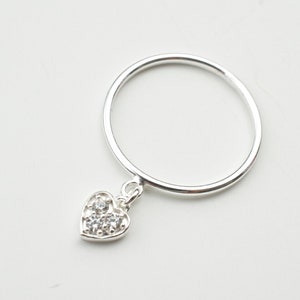 CZ Heart Dangle Ring - Tiny Heart Charm - Tiny Heart Dangle - Love Ring ...
