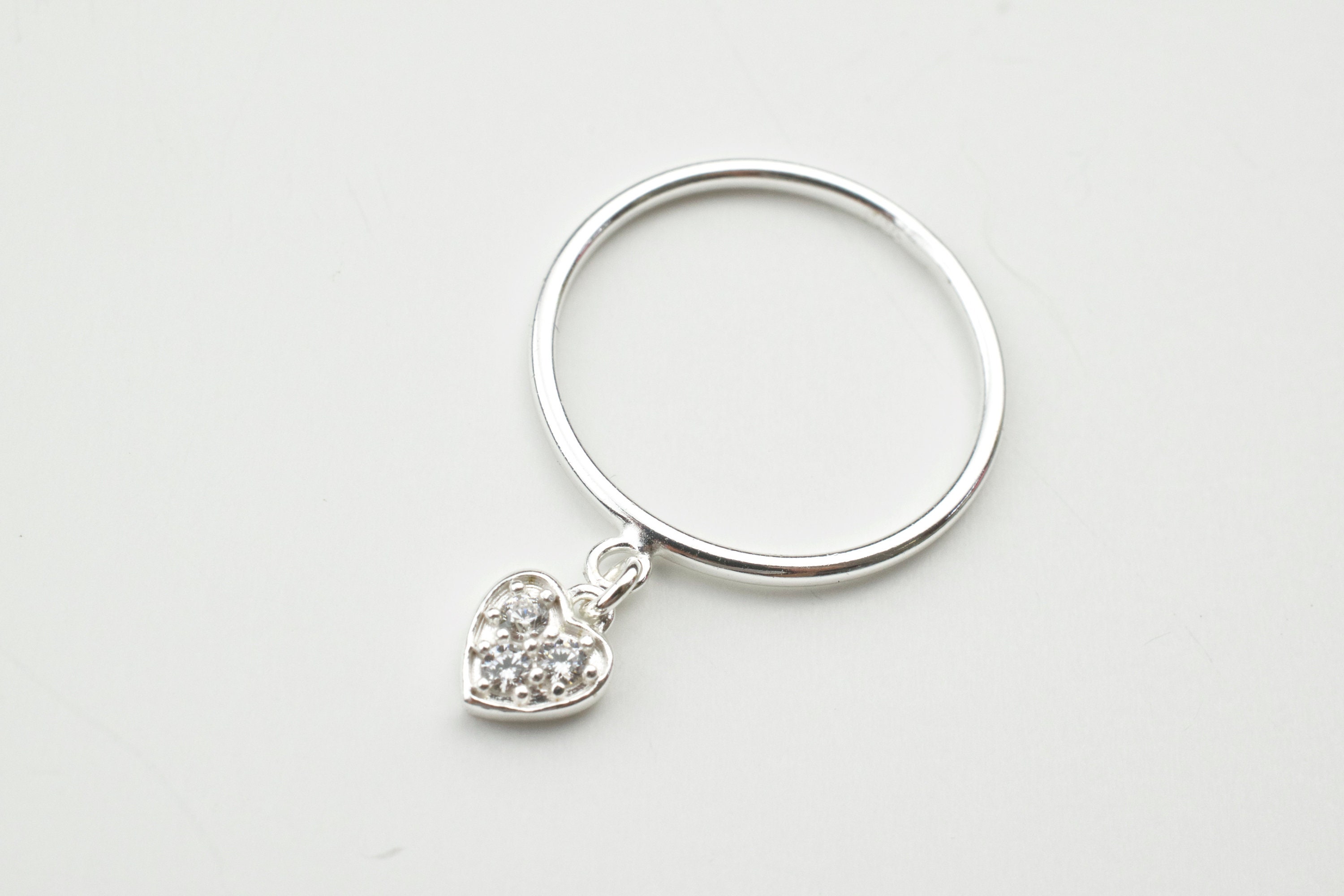 CZ Heart Dangle Ring - Tiny Heart Charm - Tiny Heart Dangle - Love Ring - Valentines Ring - Etsy