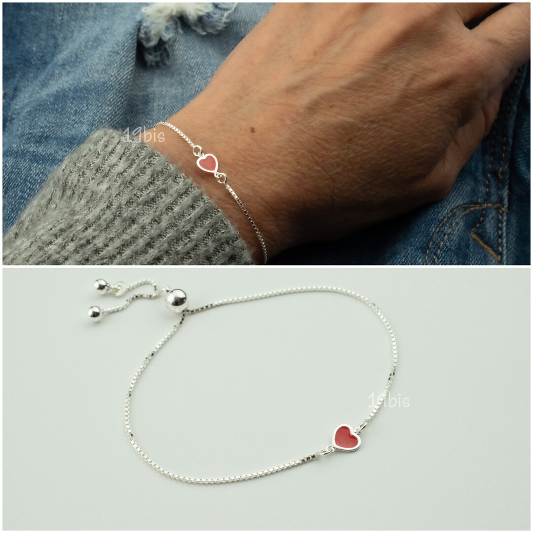 Red Heart Bracelet - Adjustable Bracelet - 925 Sterling Silver - Red ...