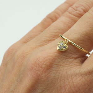 CZ Heart Dangle Ring - Tiny Heart Charm - Tiny Heart Dangle - Love Ring ...