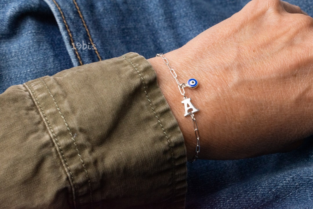 Initial Evil Eye Bracelet - Paper Clip Initial Jewelry - Mini Evil Eye ...