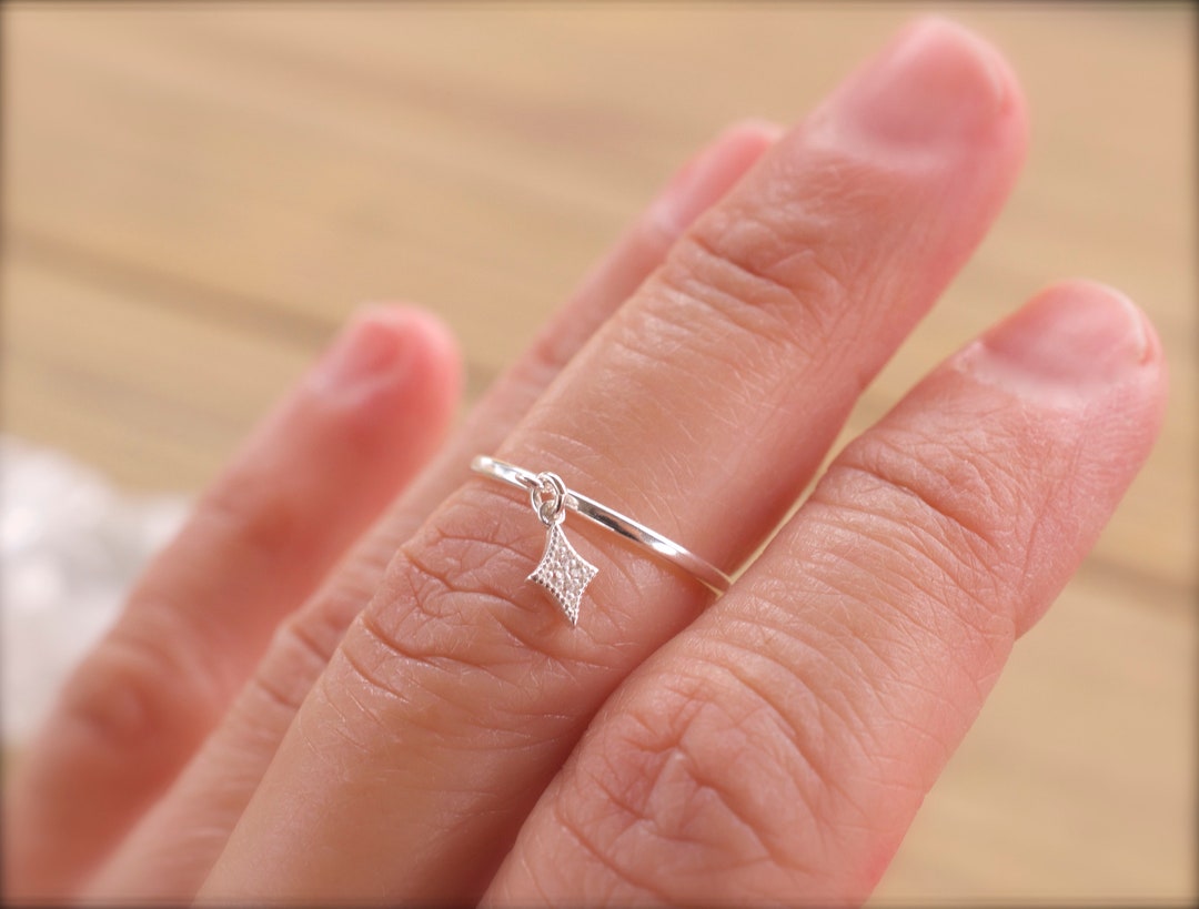 Diamond Shape Dangle Ring - Tiny Charm Dangle Ring - Pave Diamond Shape ...