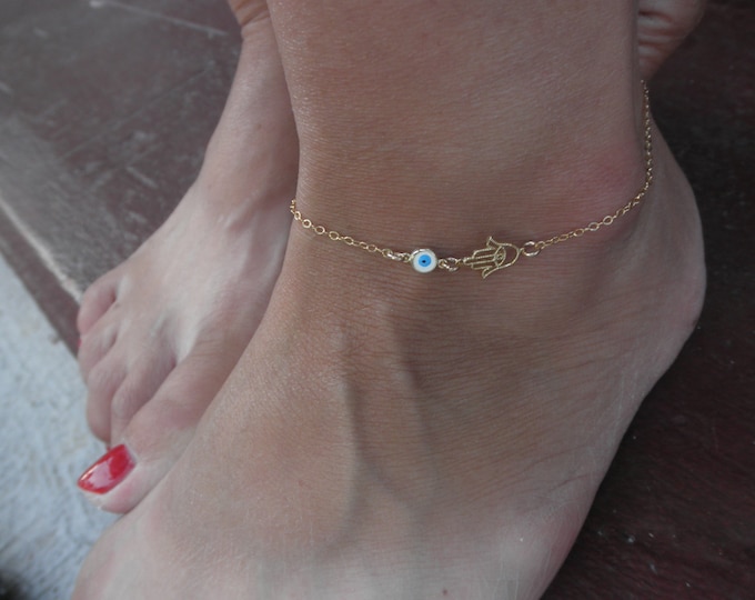 Gold Hamsa Hand Anklet and Evil Eye Anklet 14K Gold-filled Chain Hand ...
