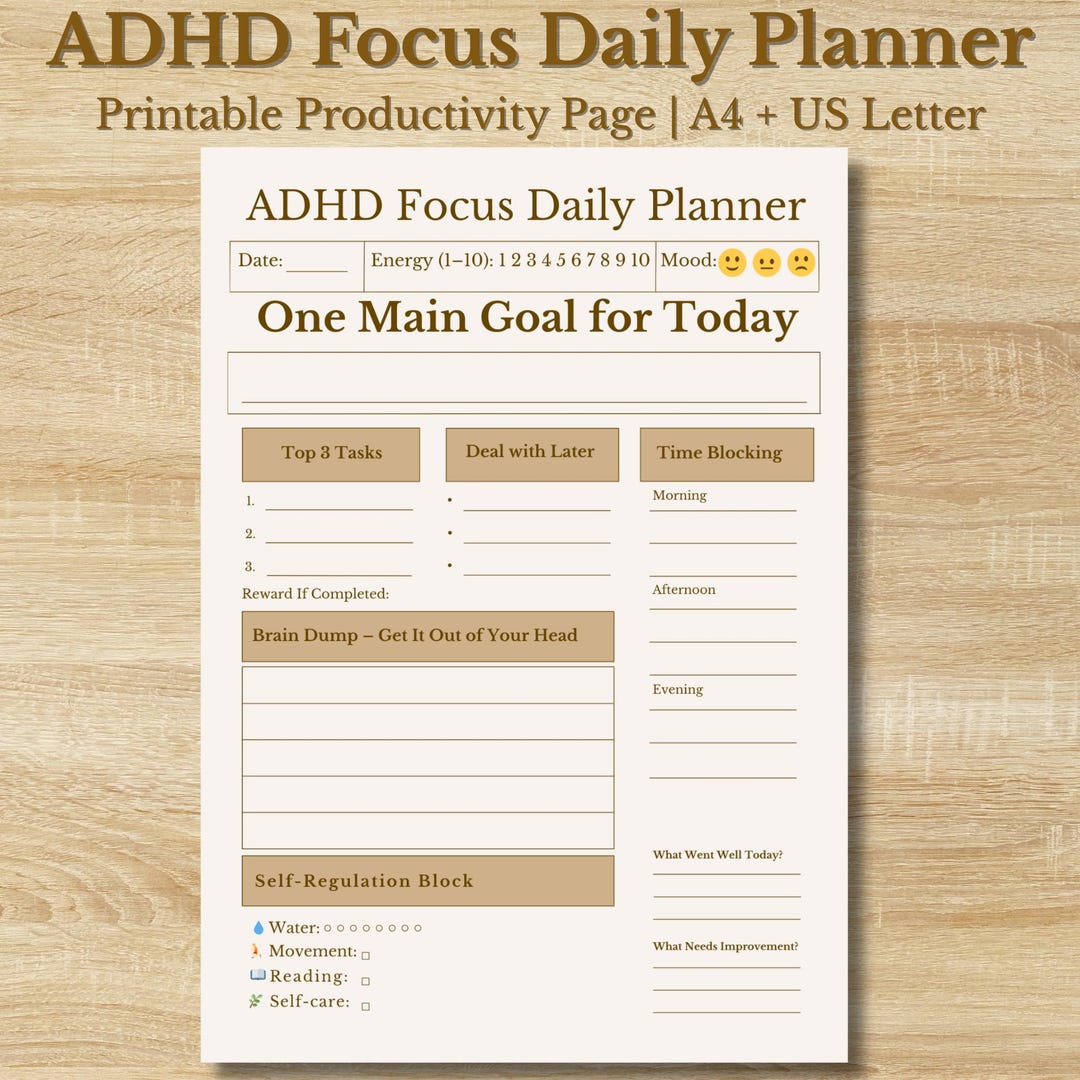 ADHD Daily Planner Printable, Focus Productivity Page (A4/US Letter) - Etsy