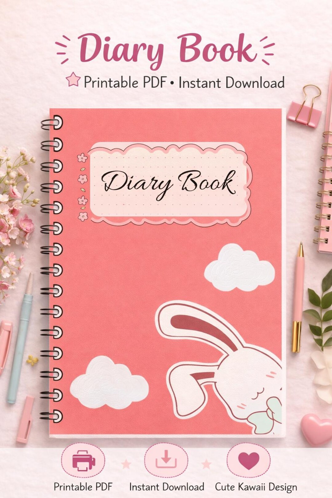 Kawaii Diary Book Printable PDF | Kids Journal, Notebook (instant ...
