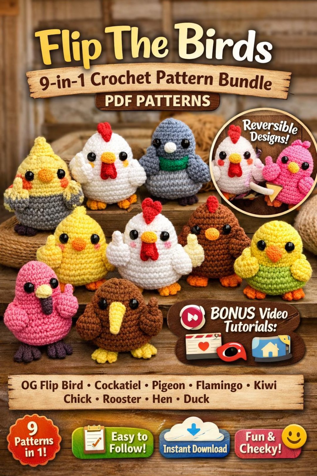 2-in-1 Flip the Bird Crochet Pattern Bundle– Rooster, Hen, Chick ...