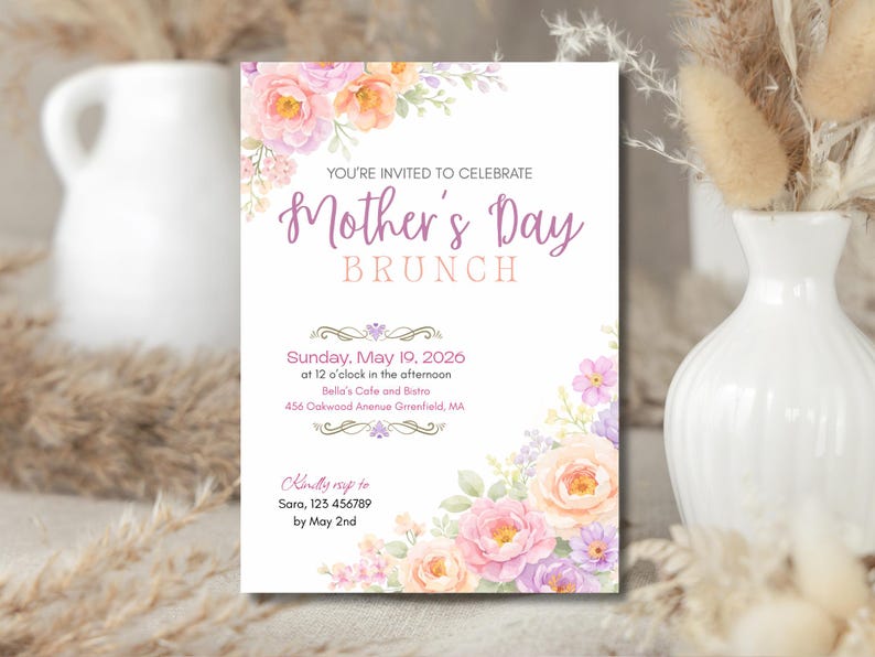 Wildflower Mothers Day Brunch Invitation Editable Canva Template Floral ...