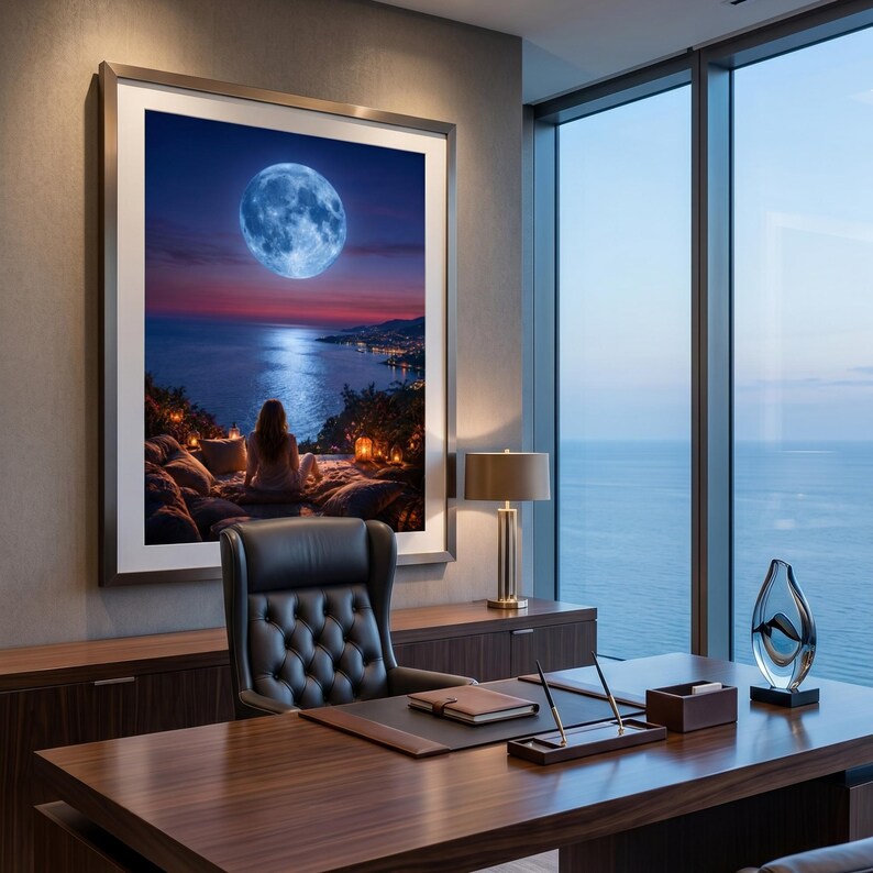 Blue Moon Escape Wall Art Moonlit Ocean Print Coastal Digital Download ...