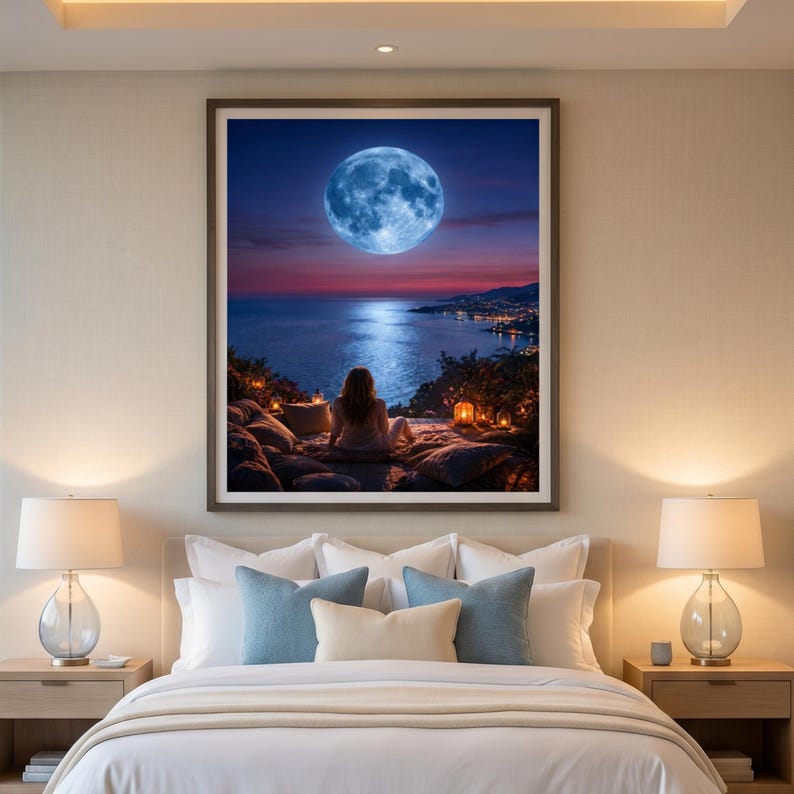 Blue Moon Escape Wall Art Moonlit Ocean Print Coastal Digital Download ...