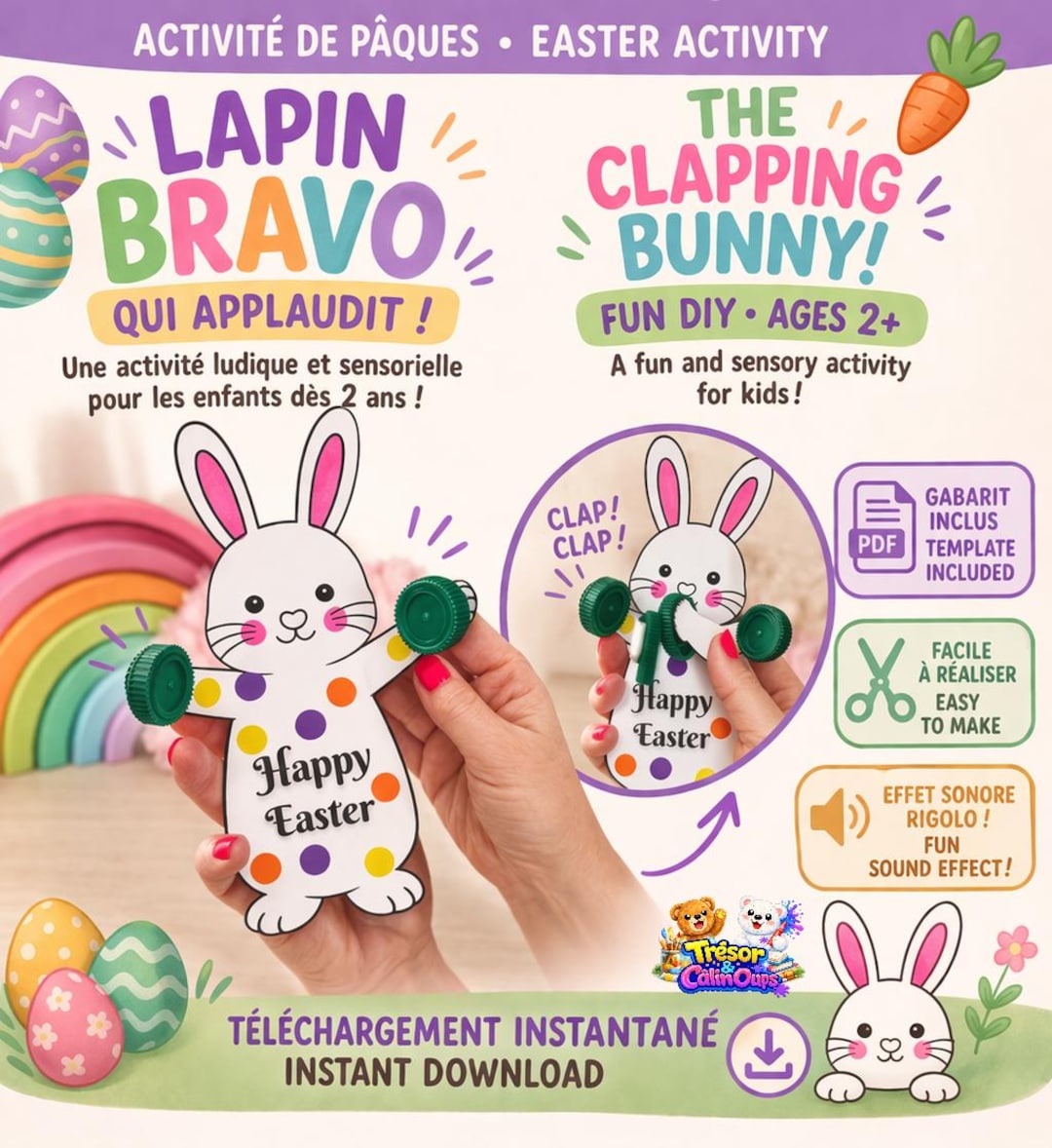 Clapping Bunny Craft Printable PDF | Easter Activity for Kids Ages 2-4 ...