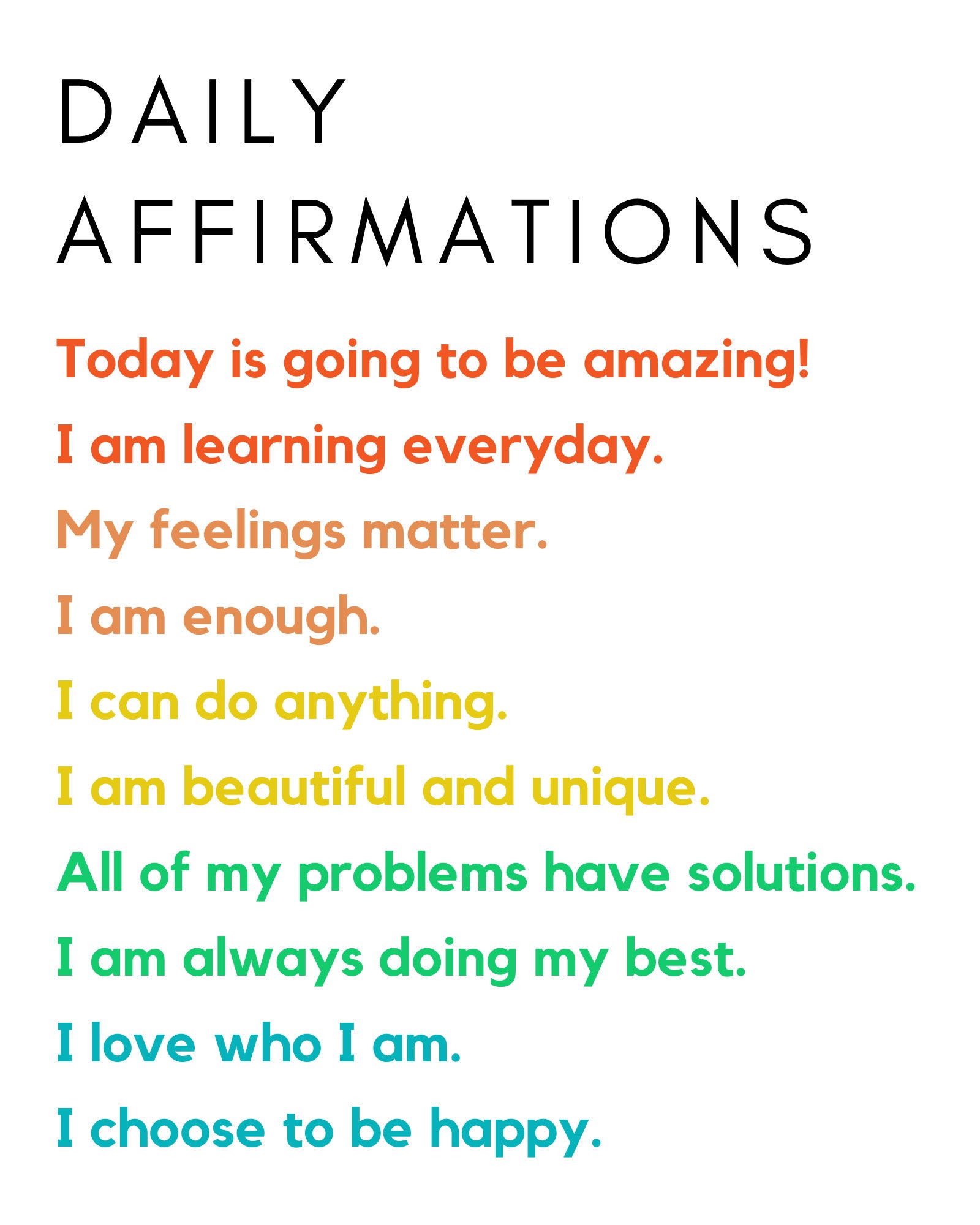 Daily Affirmations Print for Kids: Classroom Decor (digital Download ...