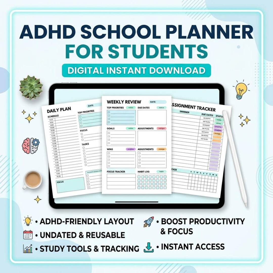 ADHD School Planner for Students | Digital Student Planner | ADHD ...