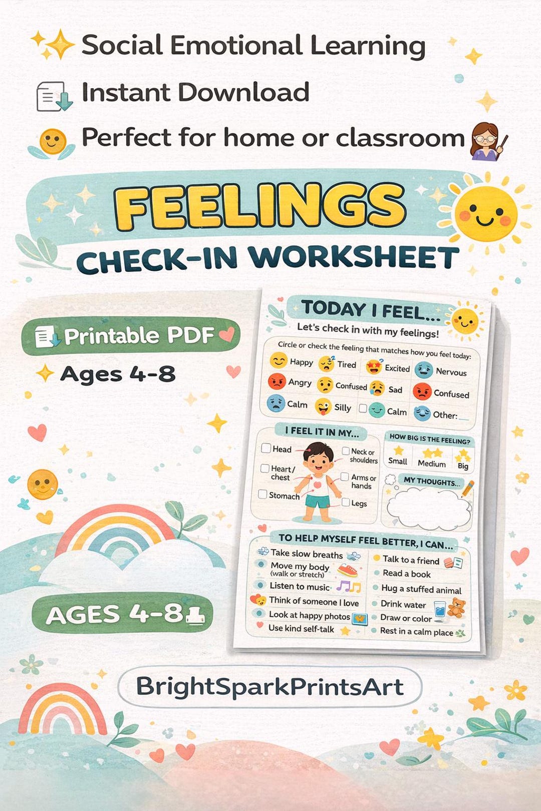 Feelings Check-in Worksheet for Kids | Social Emotional Learning ...