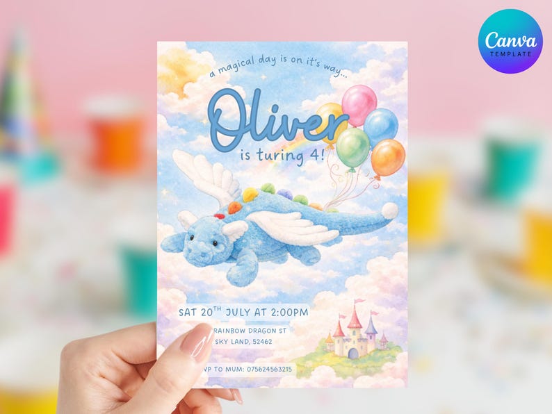 Jellycat Dragon Inspired Birthday Invitation, Magical Flying Dragon ...