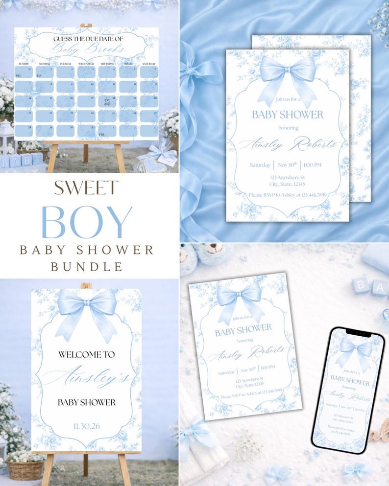 Sweet Boy Baby Shower Invitation Bundle, Printable Ribbon / Bow Baby ...