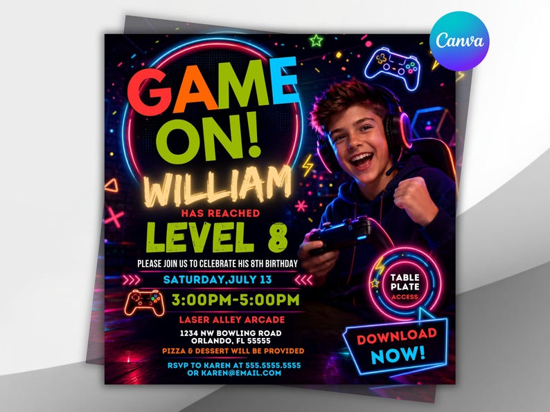 Neon Glow Bowling Birthday Invitation, Editable Canva Party Template ...