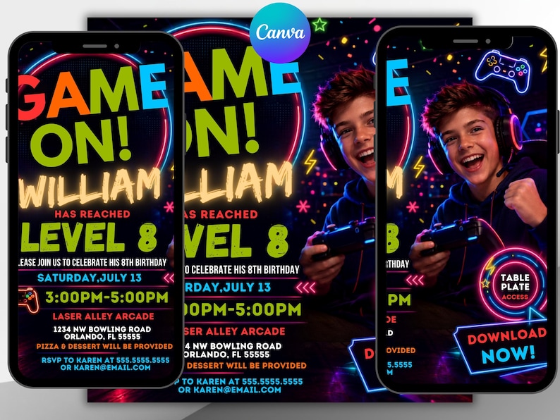 Neon Glow Bowling Birthday Invitation, Editable Canva Party Template ...