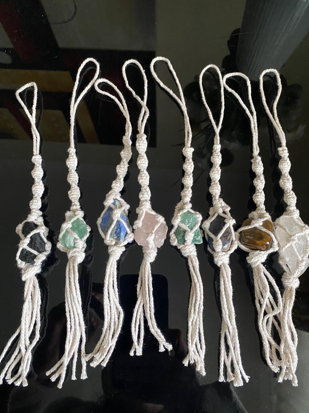Macrame Car Charm With Raw Crystal | Boho Rearview Mirror Decor, Cotton ...