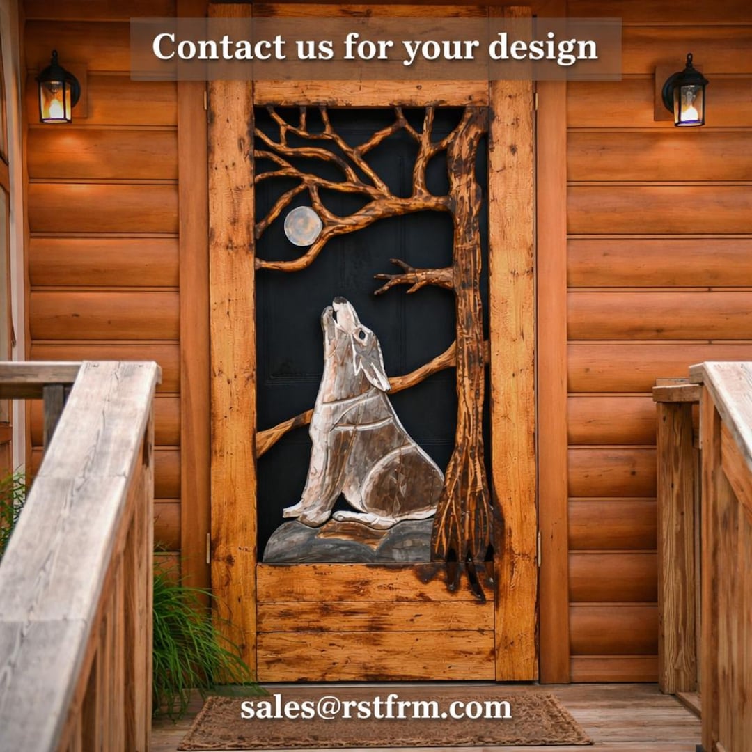Rustic Hand Carved Wolf Howling at the Moon Screen Door | Rustic Cabin ...