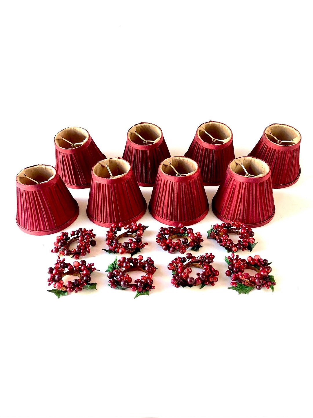 Set of 8 Mini Clip on LAMP SHADES Extra Holly Cranberry Rings for ...