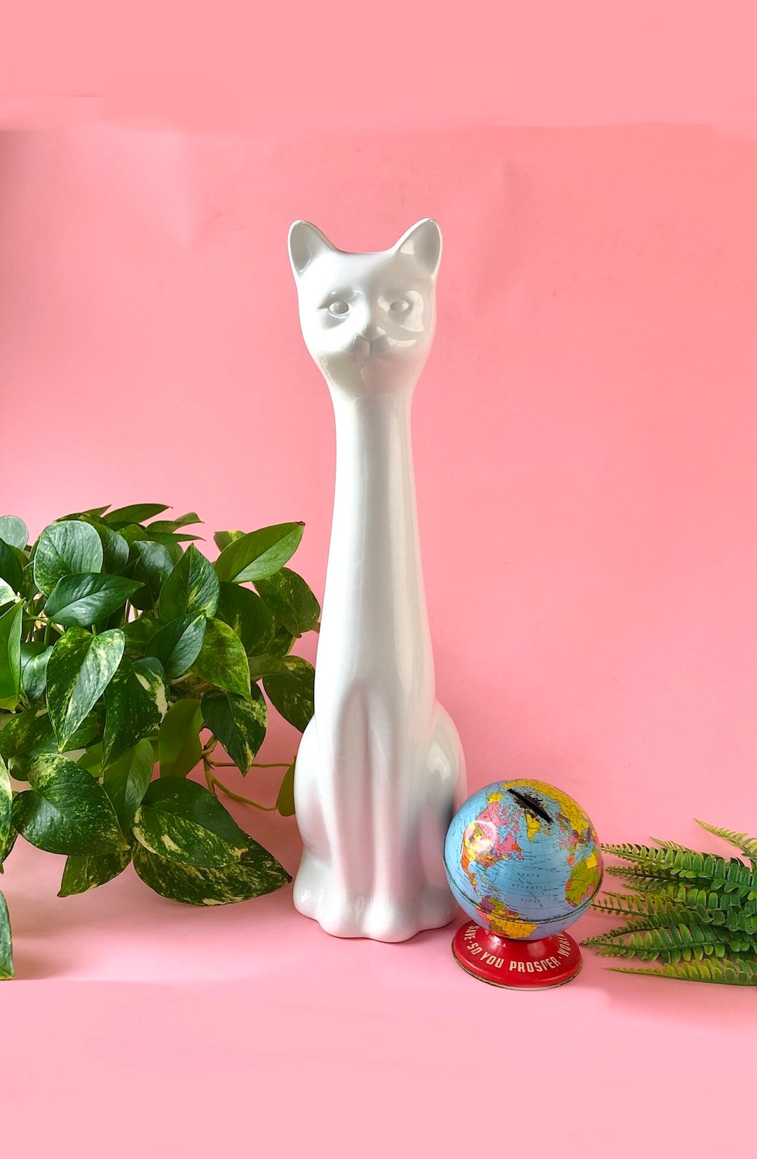 Vintage 18" Tall White CAT STATUE Ceramic Toilet Brush Holder Planter ...