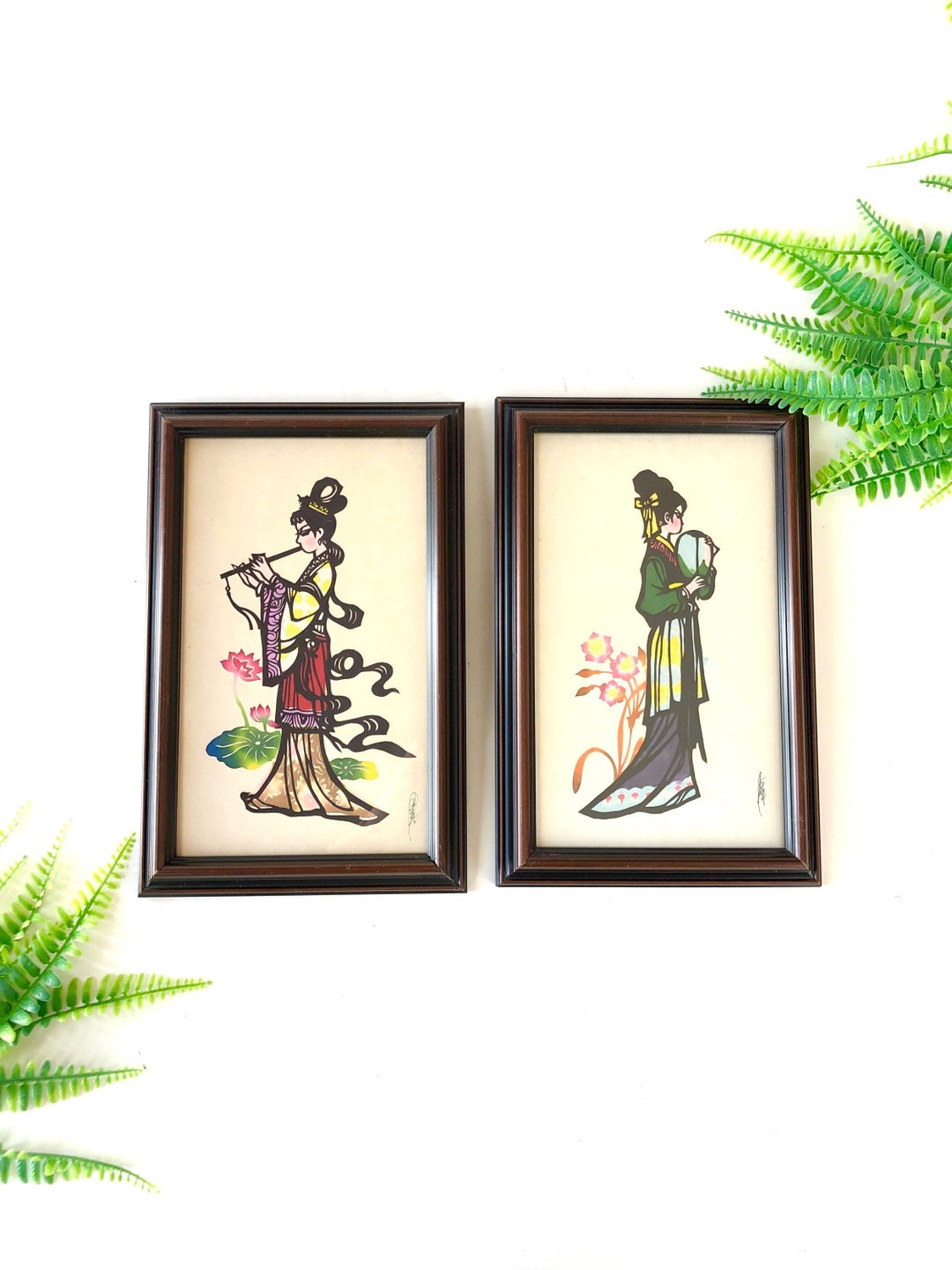 Vintage Pair of 2 Framed Japanese Prints WALL Hanging Art Set Paper CUT ...