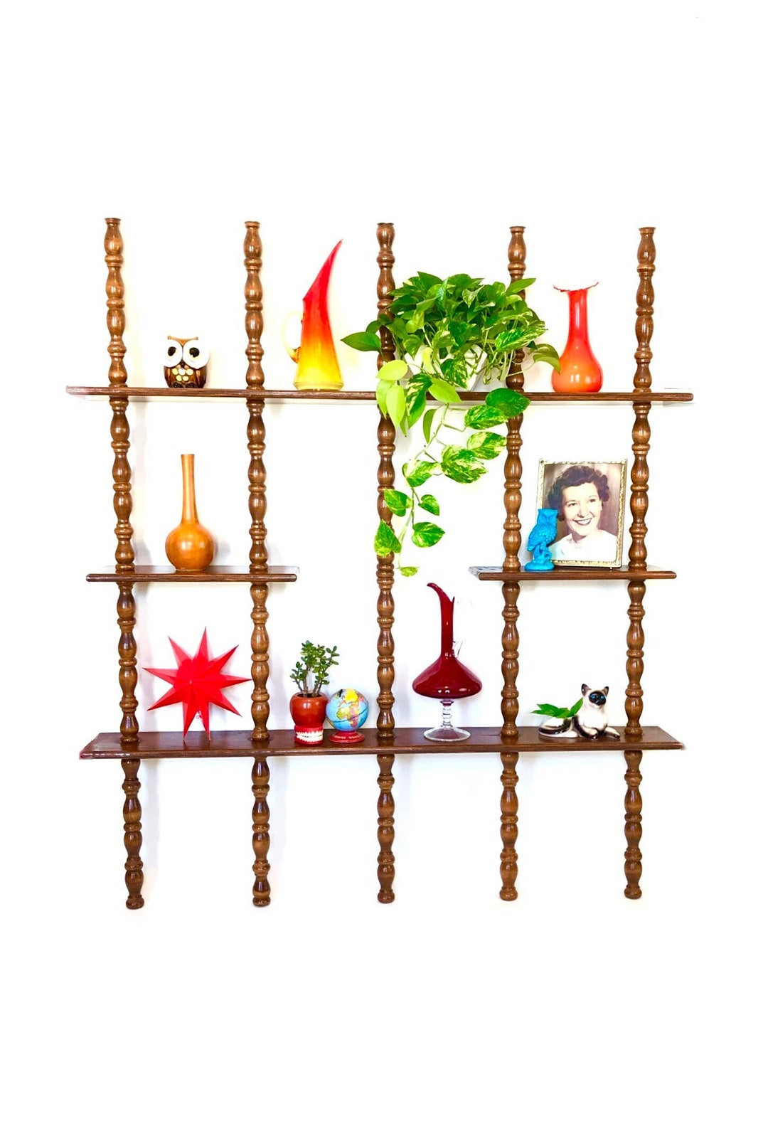 Vintage 70s ROOM DIVIDER Shelving Unit Wood Spindle Display Mid Century ...