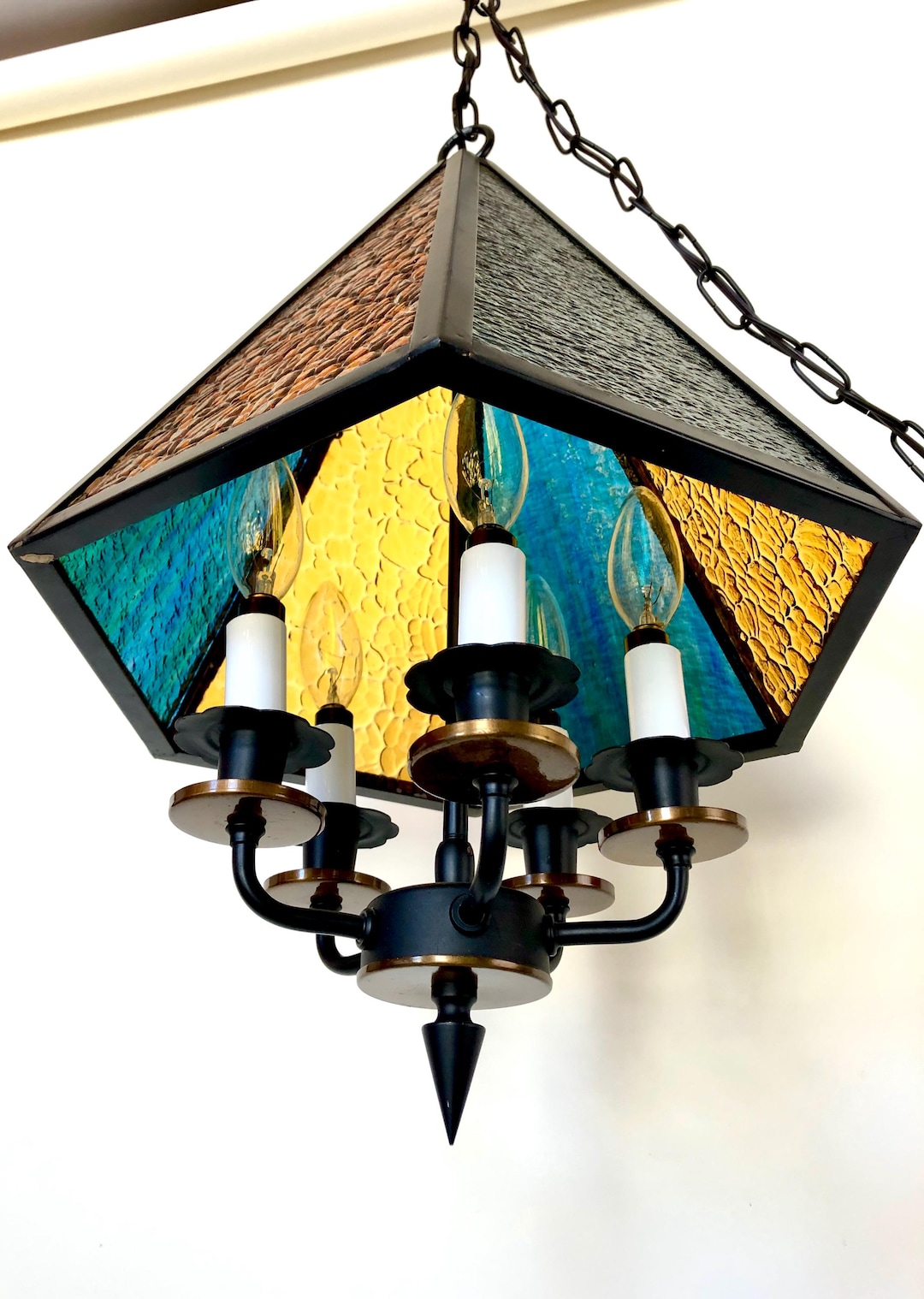 Vintage Hanging SWAG LAMP Ceiling Fixture Medieval Blue Amber Plug in ...