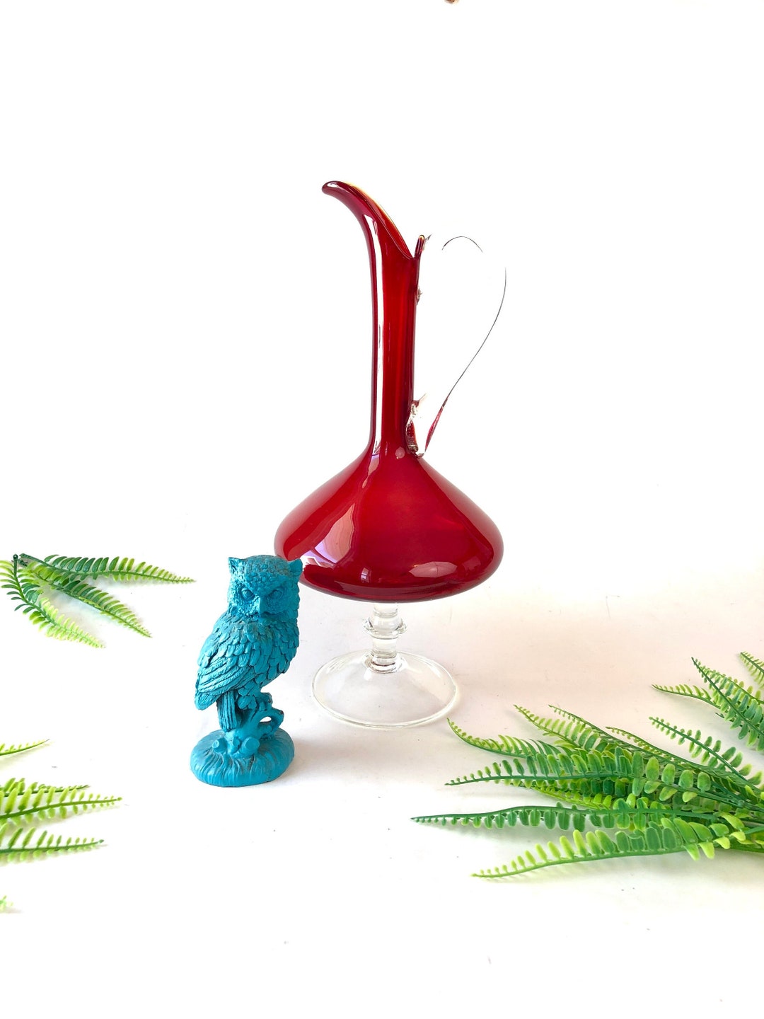 Vintage Ruby Red GLASS PITCHER Empoli Style Italian Attached Handle ...