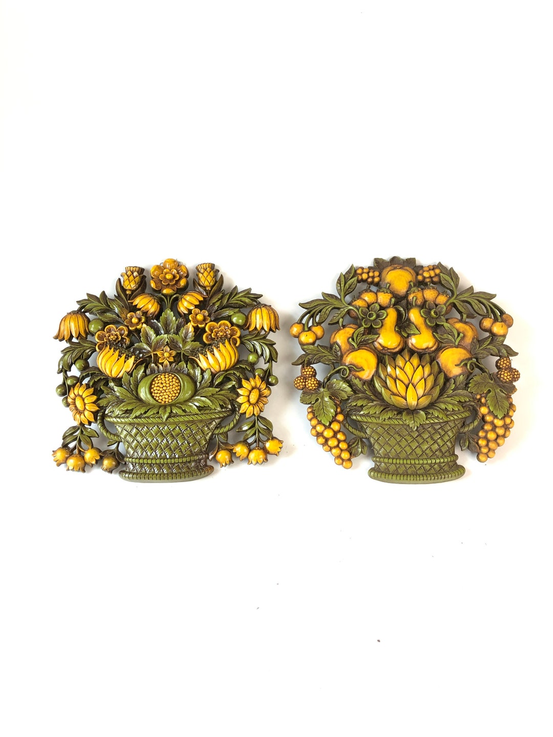 Vintage SYROCO WALL HANGINGS Set Pair of 2 Yellow Green Plants Fruit ...