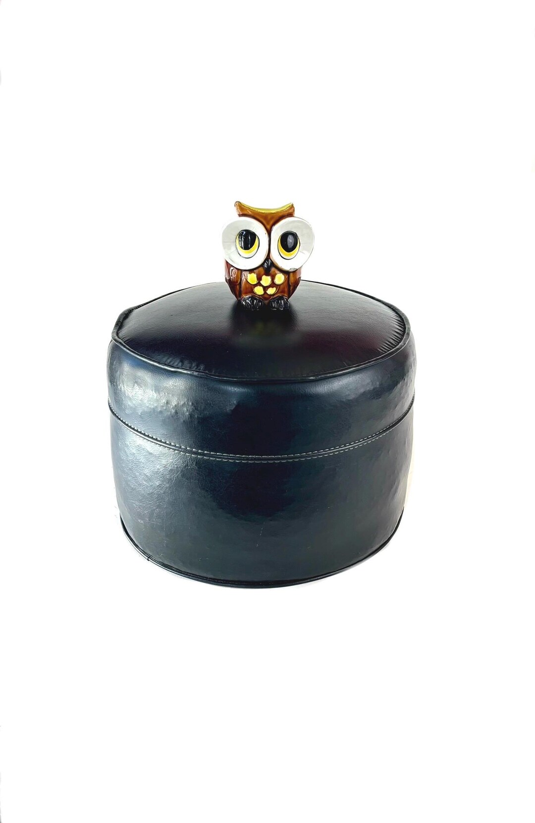 Vintage Black Vinyl FOOTSTOOL Hassock Style OTTOMAN Round Mid Century ...