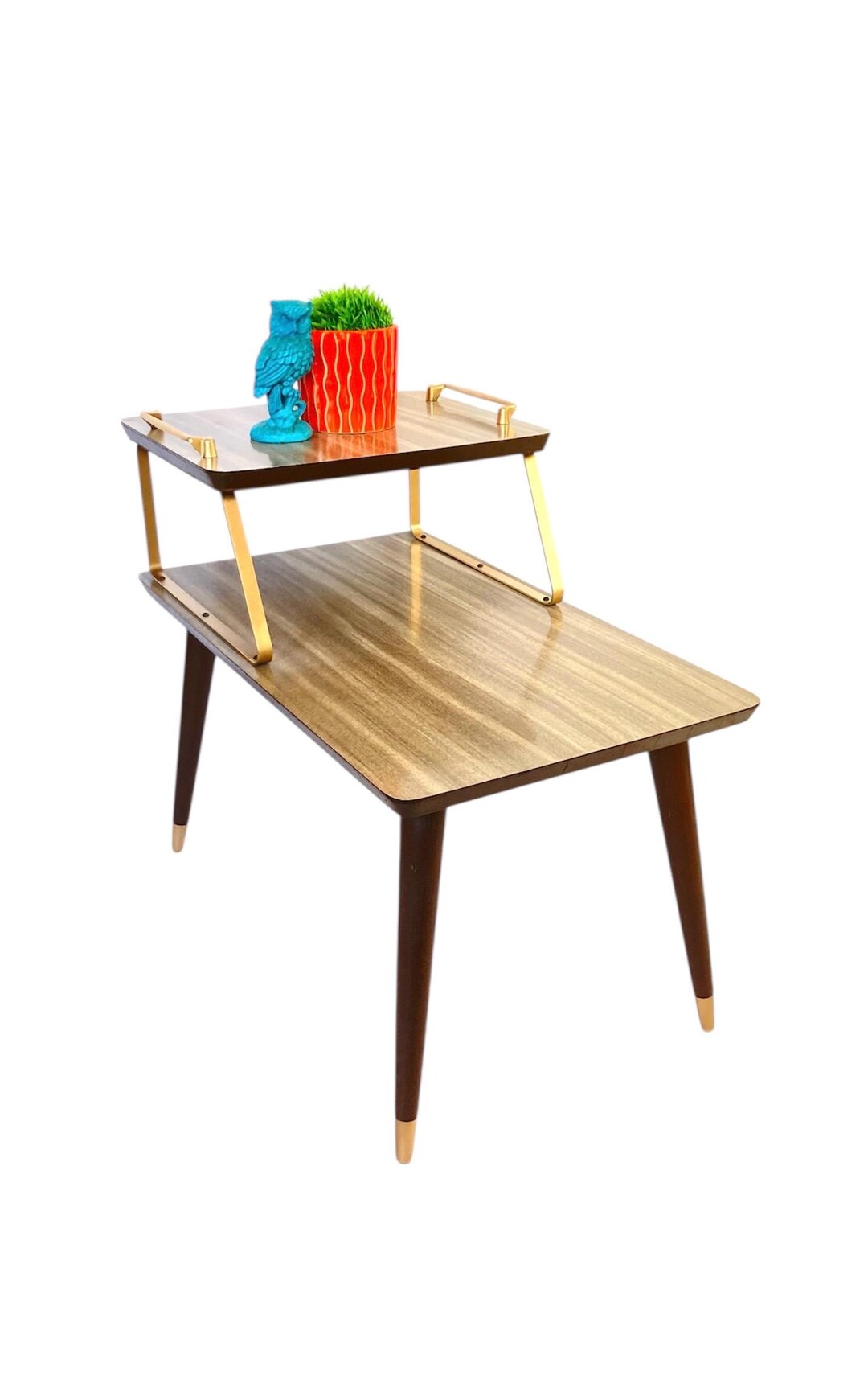 Vintage 60s END TABLE Faux Wood Laminate Woodgrain 2 Tiered Side Table ...
